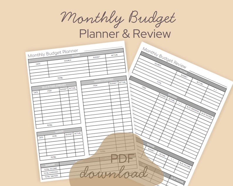 Printable Monthly Budget Planner and Monthly Budget Review, US Letter ...