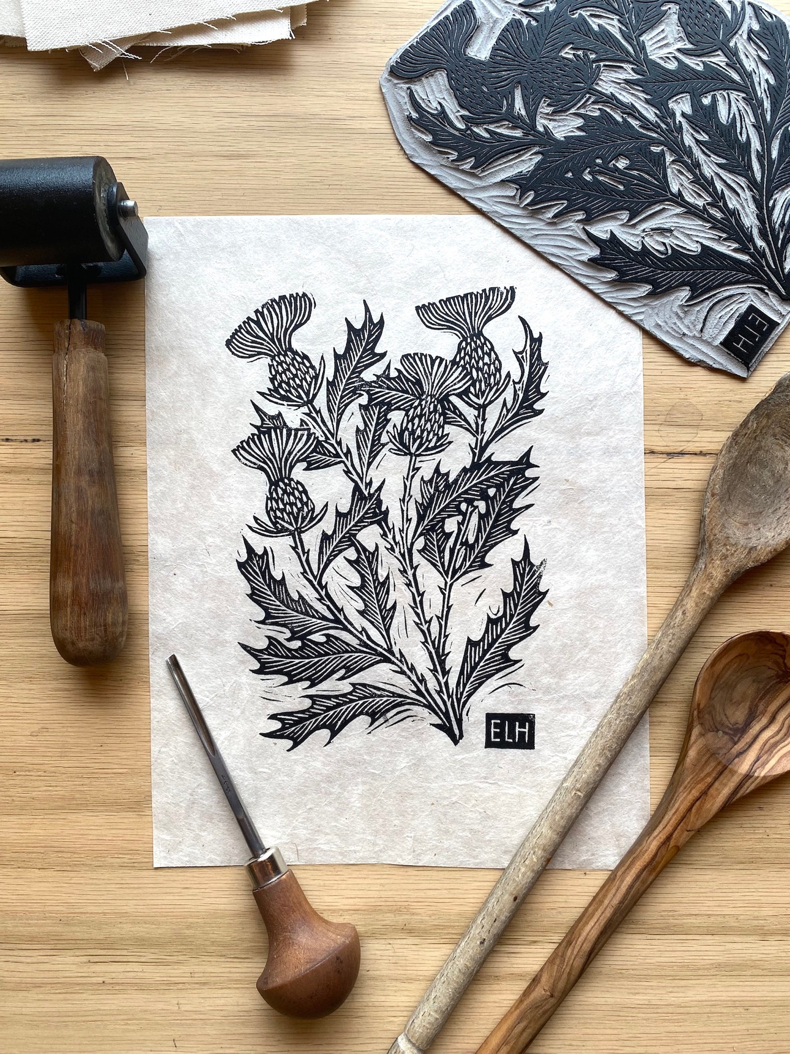 Thistles | Hand-pulled Relief Linocut Print of Thistle Florals - Etsy