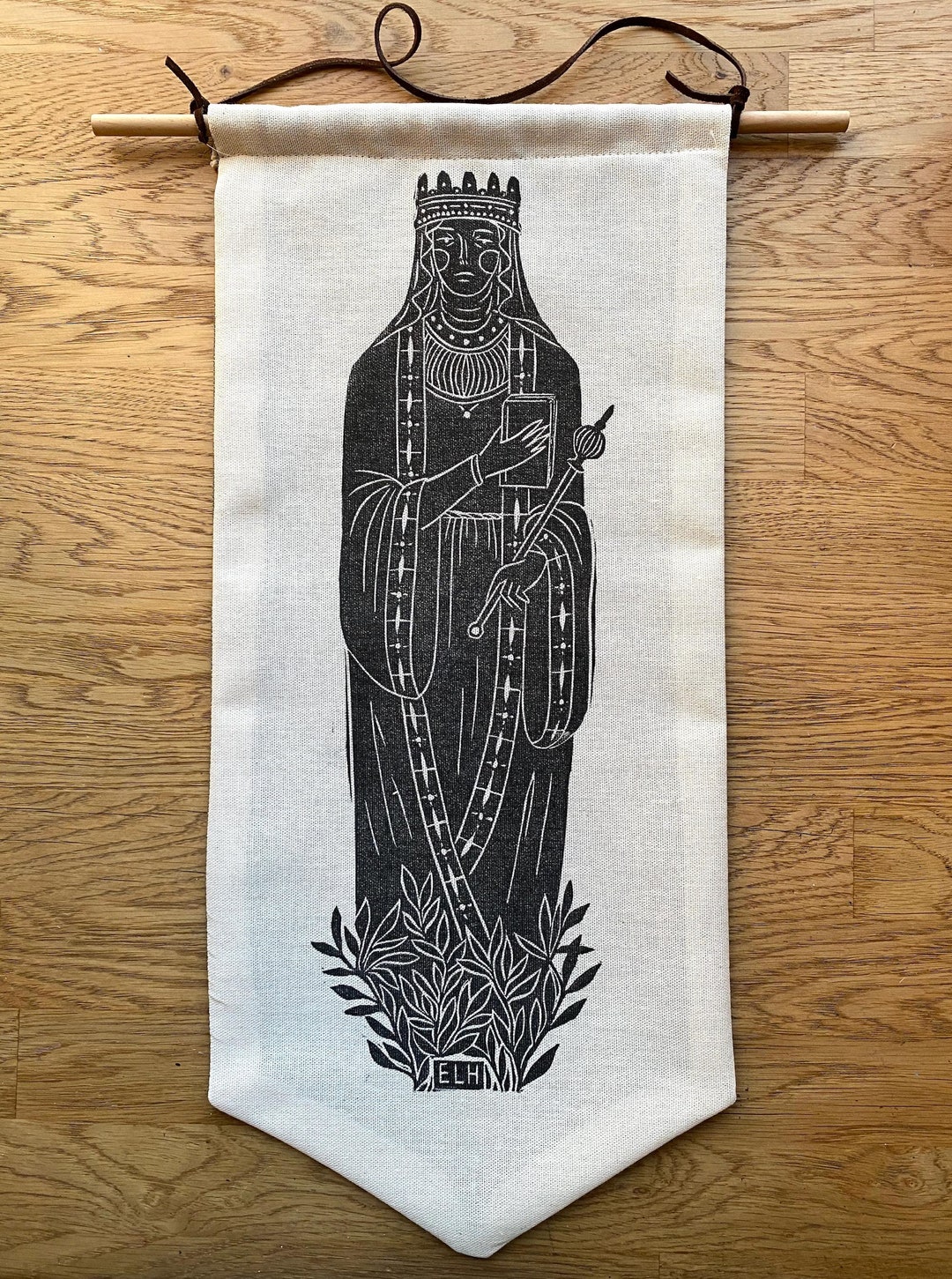 The Queen's Banner | Linocut Print of Medieval Queen on Linen Banner ...