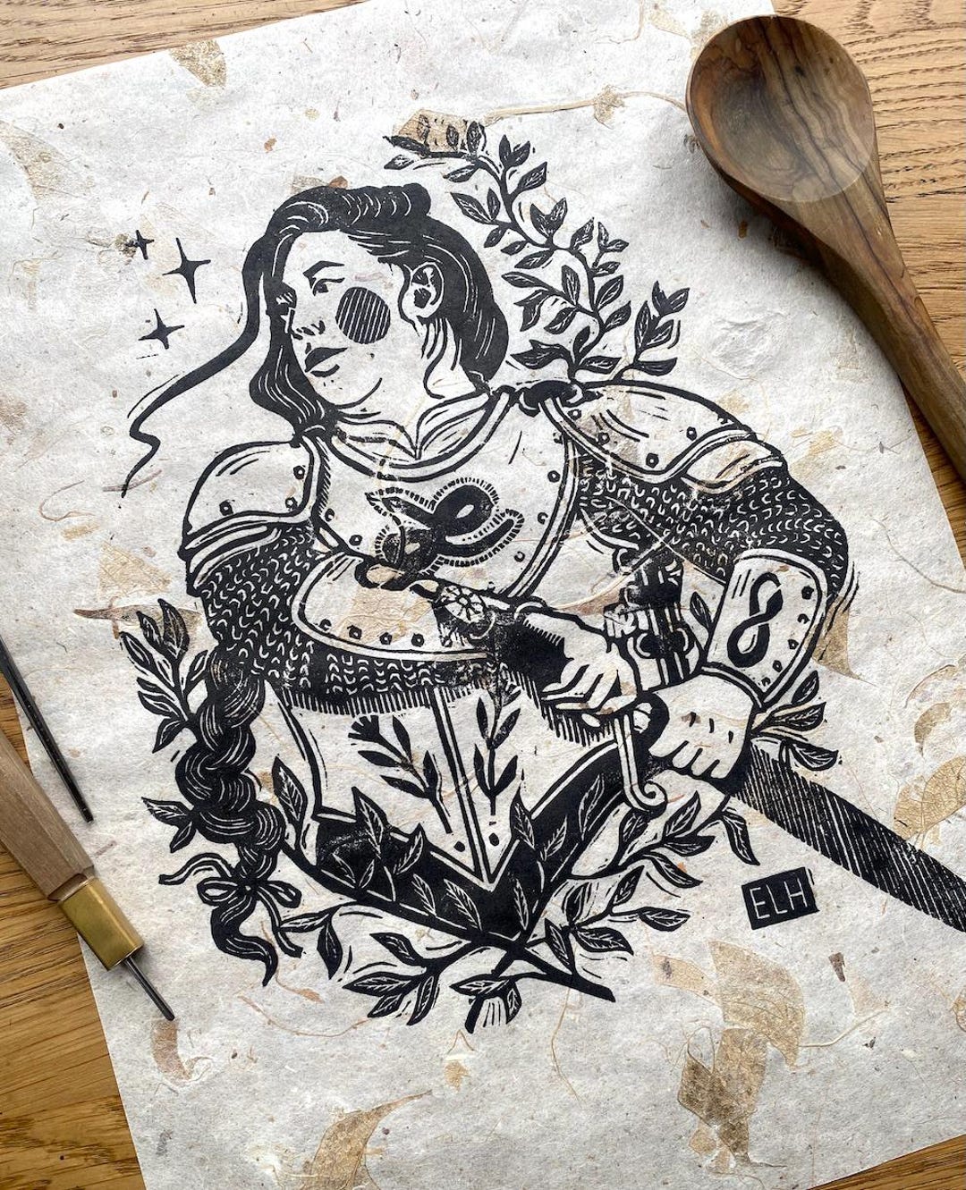 Sworn Sword | Linocut Relief Print of Woman Knight Wielding a Sword - Etsy