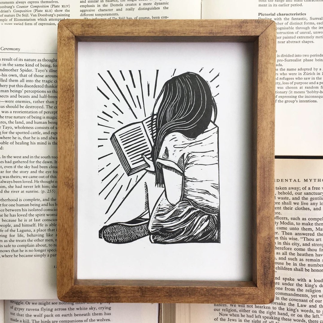 The Reader | Fine Art Block Print of Girl Reading a Book - Etsy