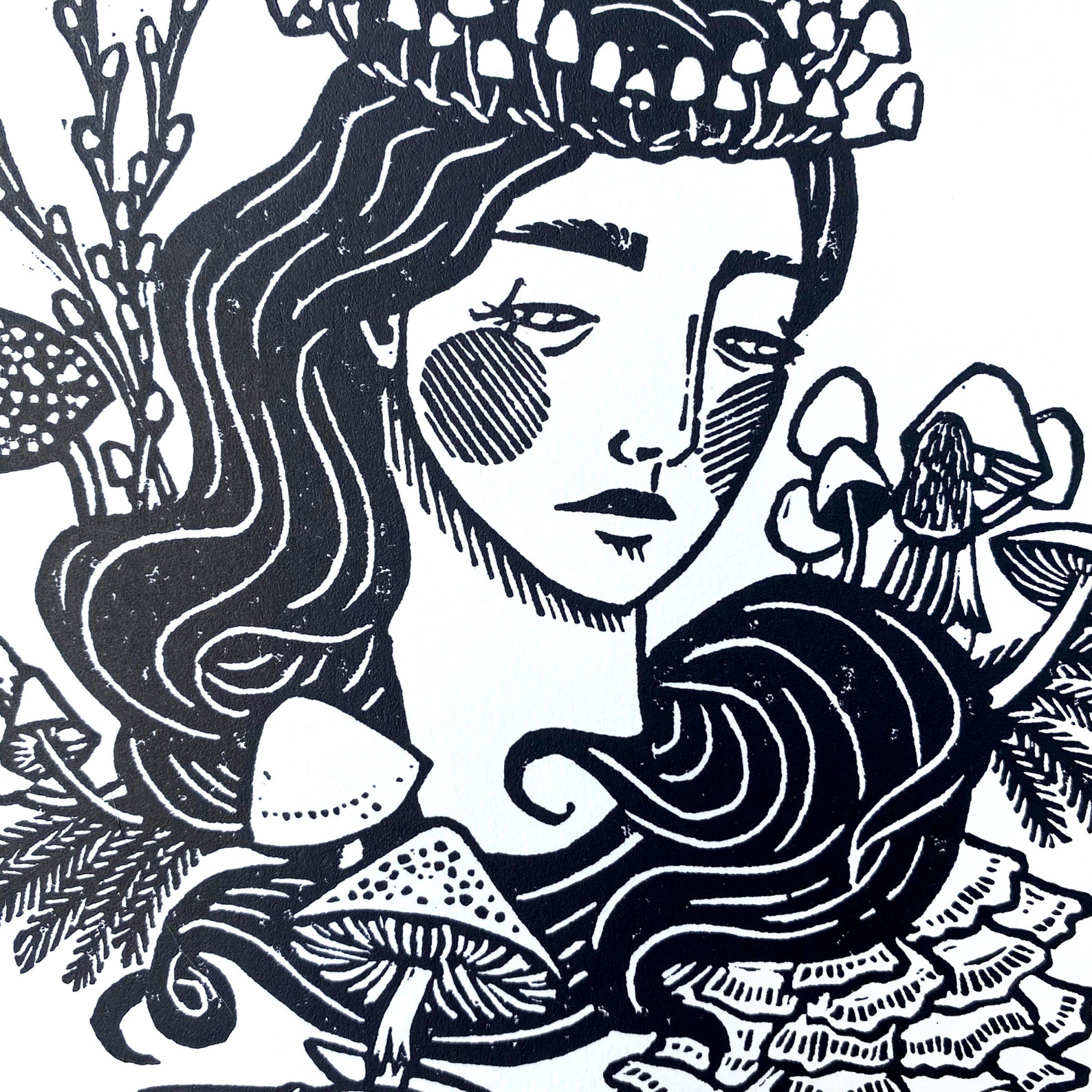 Mushroom Queen | Hand Carved Block Print | Woman With Crown of ...