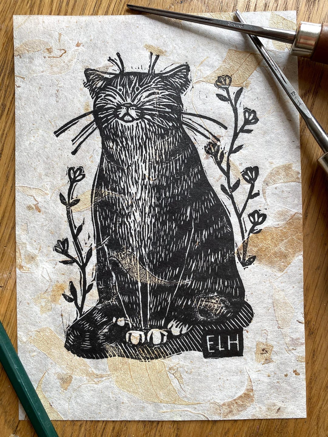 Happy Tabby | Linocut Relief Print of Tabby Cat With Flowers - Etsy
