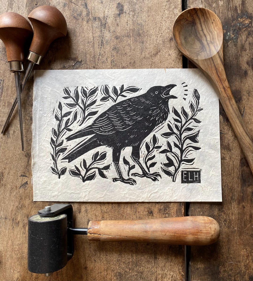 Little Crow | Linocut Relief Print of Crow Among Vines - Etsy