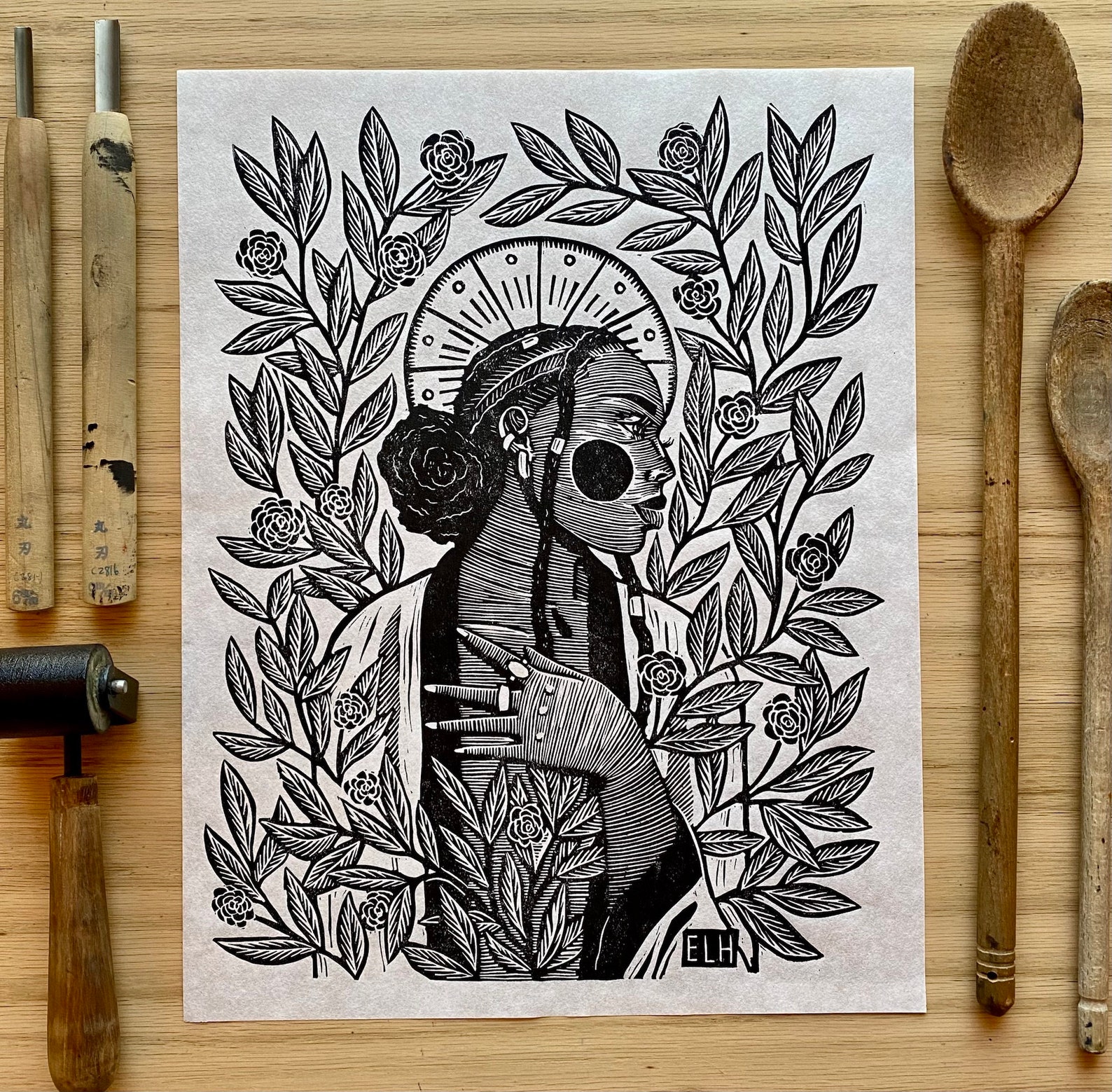 The Rose Queen Linocut Relief Print of Black Woman With - Etsy
