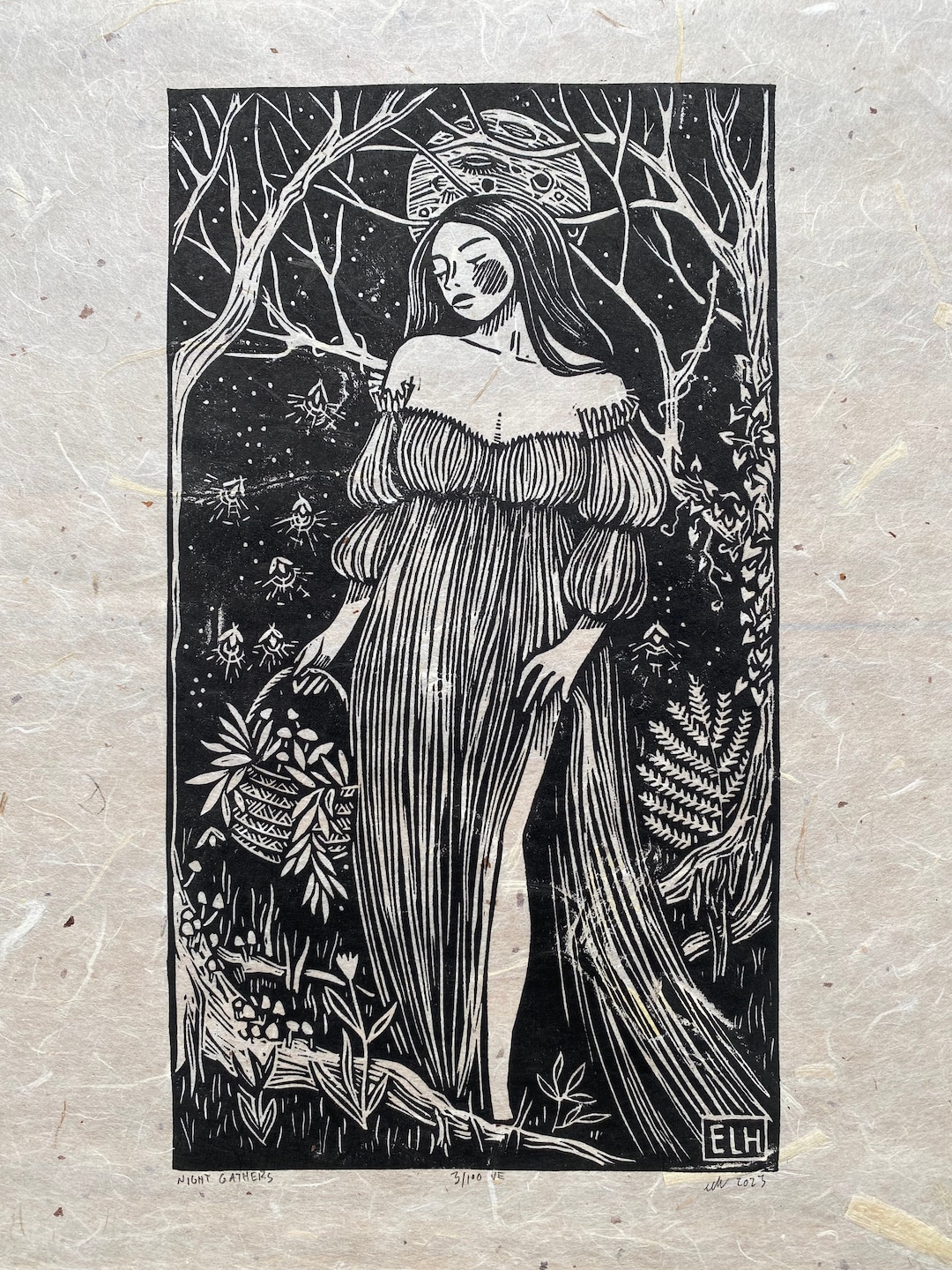 Night Gathers | Linocut Relief Print of Woman Walking in Woods at Night ...