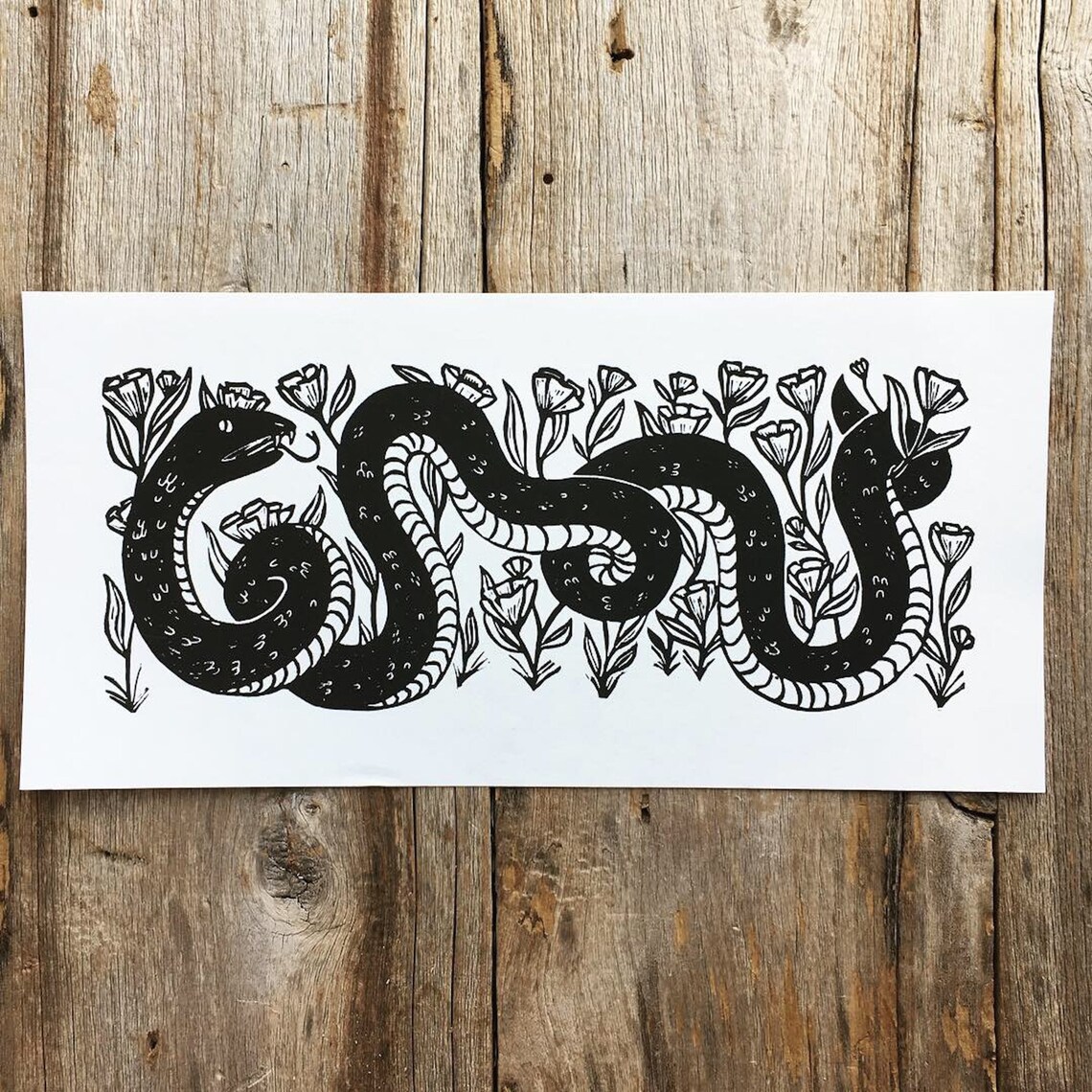 Garden Snake Block Print of Snake With Flowers - Etsy