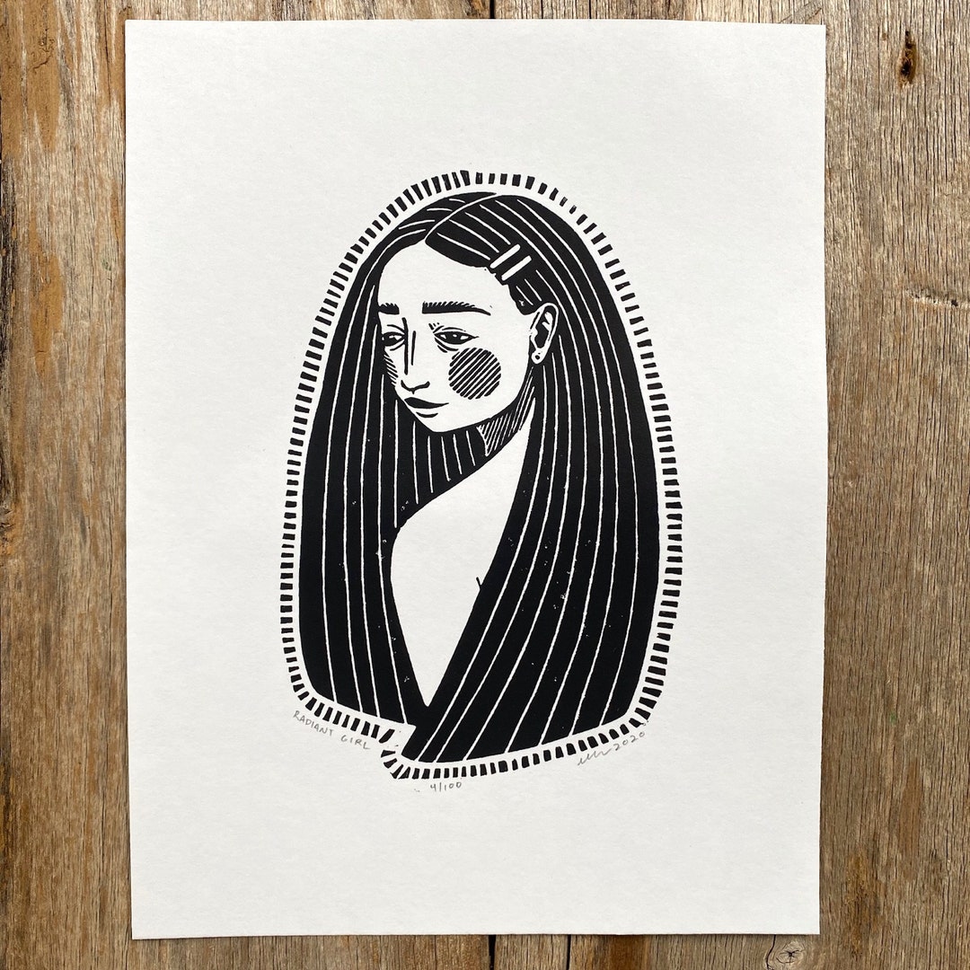 Radiant Girl Block Print of Girl With Long Hair on Paper - Etsy