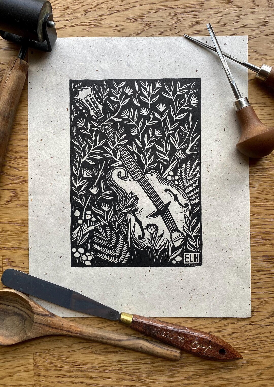 Bramble Ramblin' | Linocut Block Print of a Mandolin in a Woodland ...