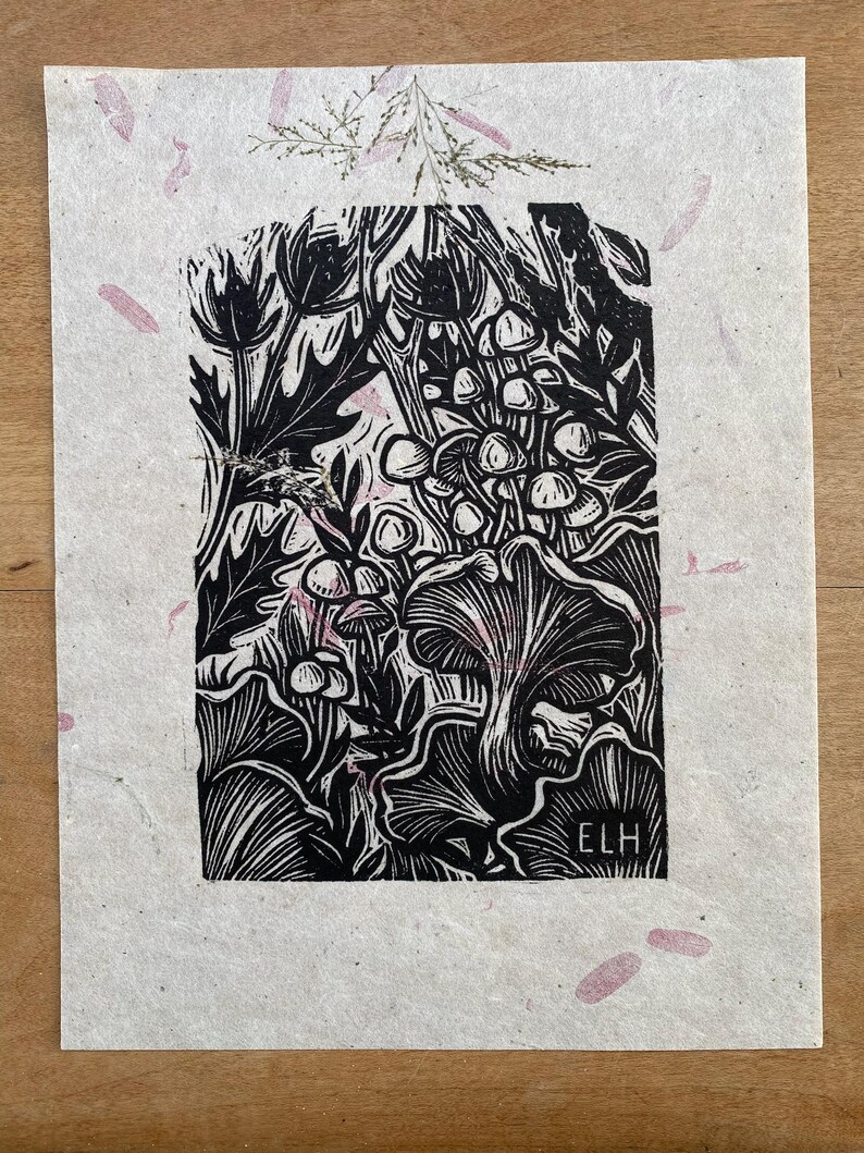 Forest Floor | Linocut Relief Print of Mushrooms & Thistles - Etsy