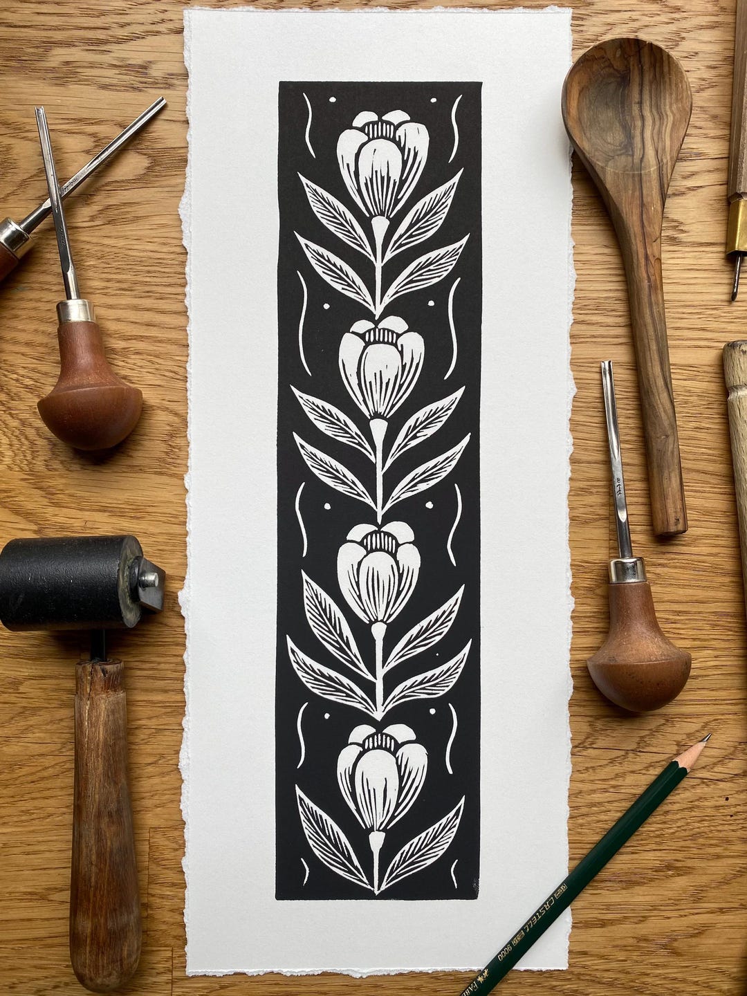 Floral Stack | Linocut Relief Print of Folk Art Flowers - Etsy