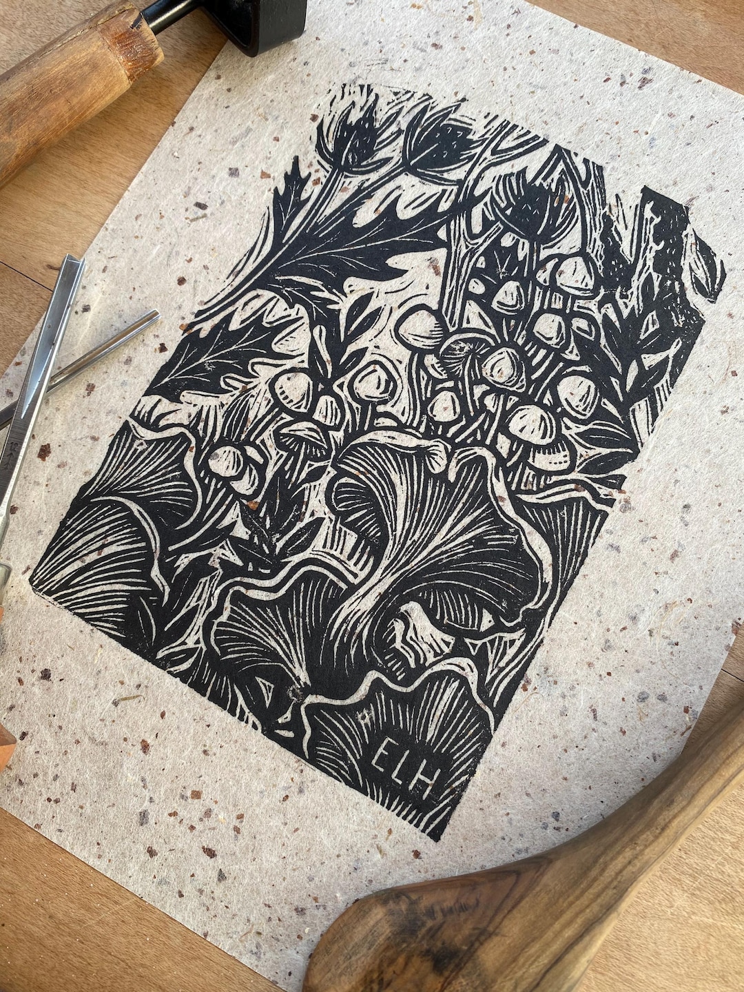 Forest Floor | Linocut Relief Print of Mushrooms & Thistles - Etsy