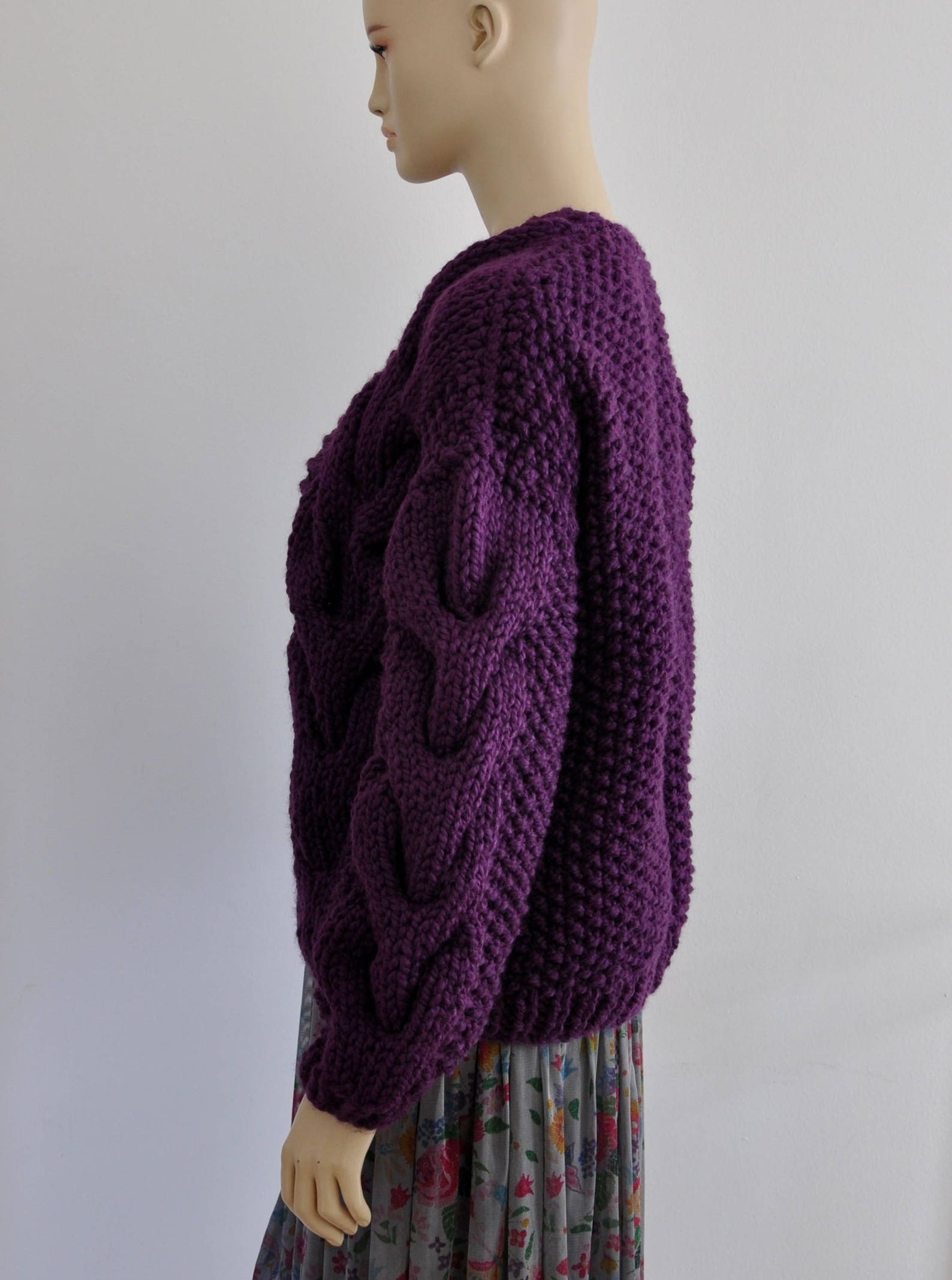 Purple Oversized Knit Cardigan, Women Chunky Cardigan, Wool Sweater ...