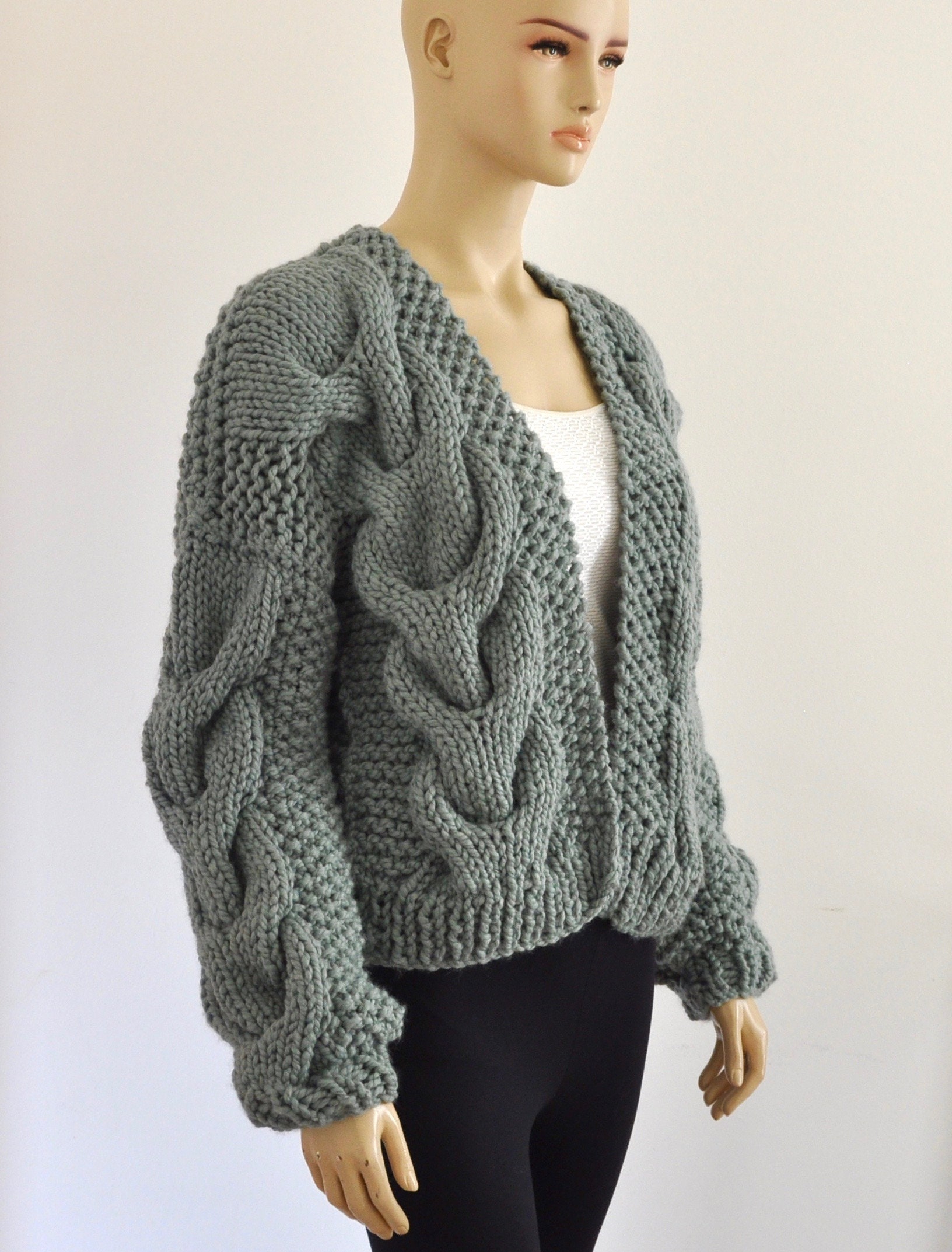 Chunky Knit Cardigan Jacket Hand Knit Women Coat Bomber Jacket Green ...