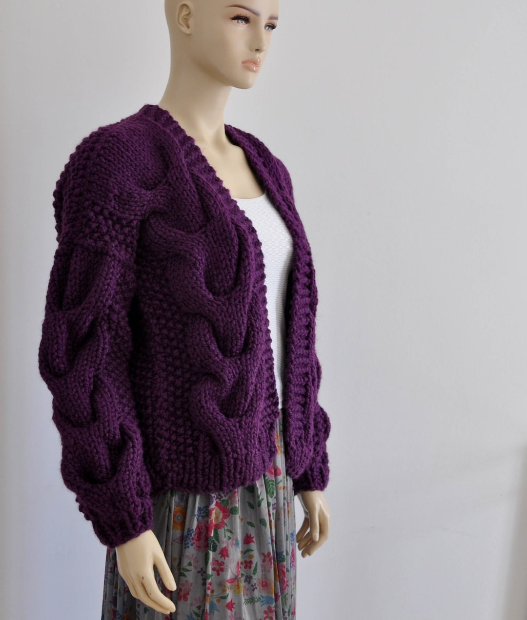 Purple Oversized Knit Cardigan, Women Chunky Cardigan, Wool Sweater ...