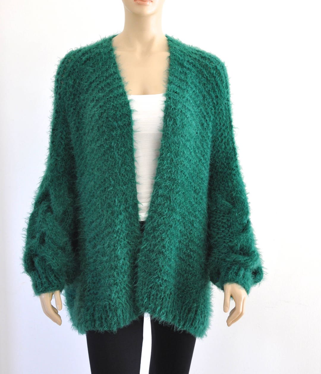 Green Bomber Jacket Tunic Oversized Chunky Cable Knit Sweater Cardigan ...