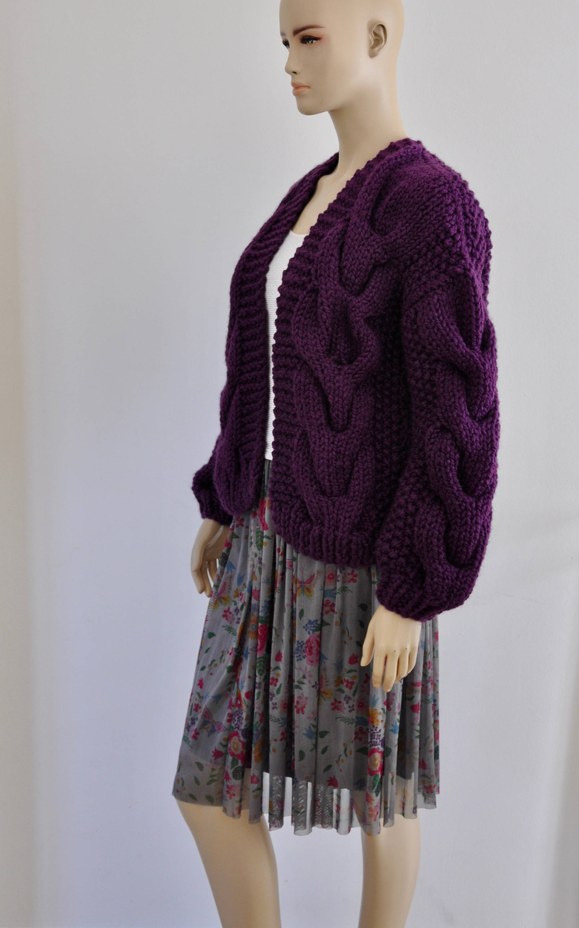 Purple Oversized Knit Cardigan, Women Chunky Cardigan, Wool Sweater ...