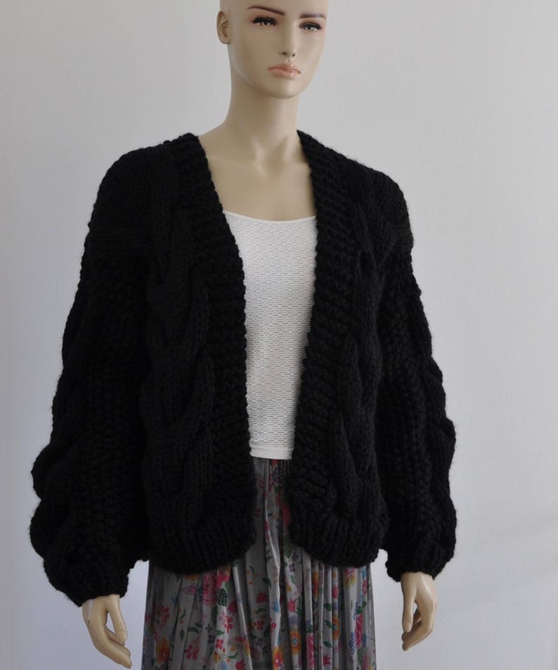 Black Oversized Knit Cardigan, Women Chunky Cardigan, Wool Sweater ...