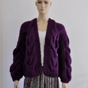 Purple Oversized Knit Cardigan, Women Chunky Cardigan, Wool Sweater ...