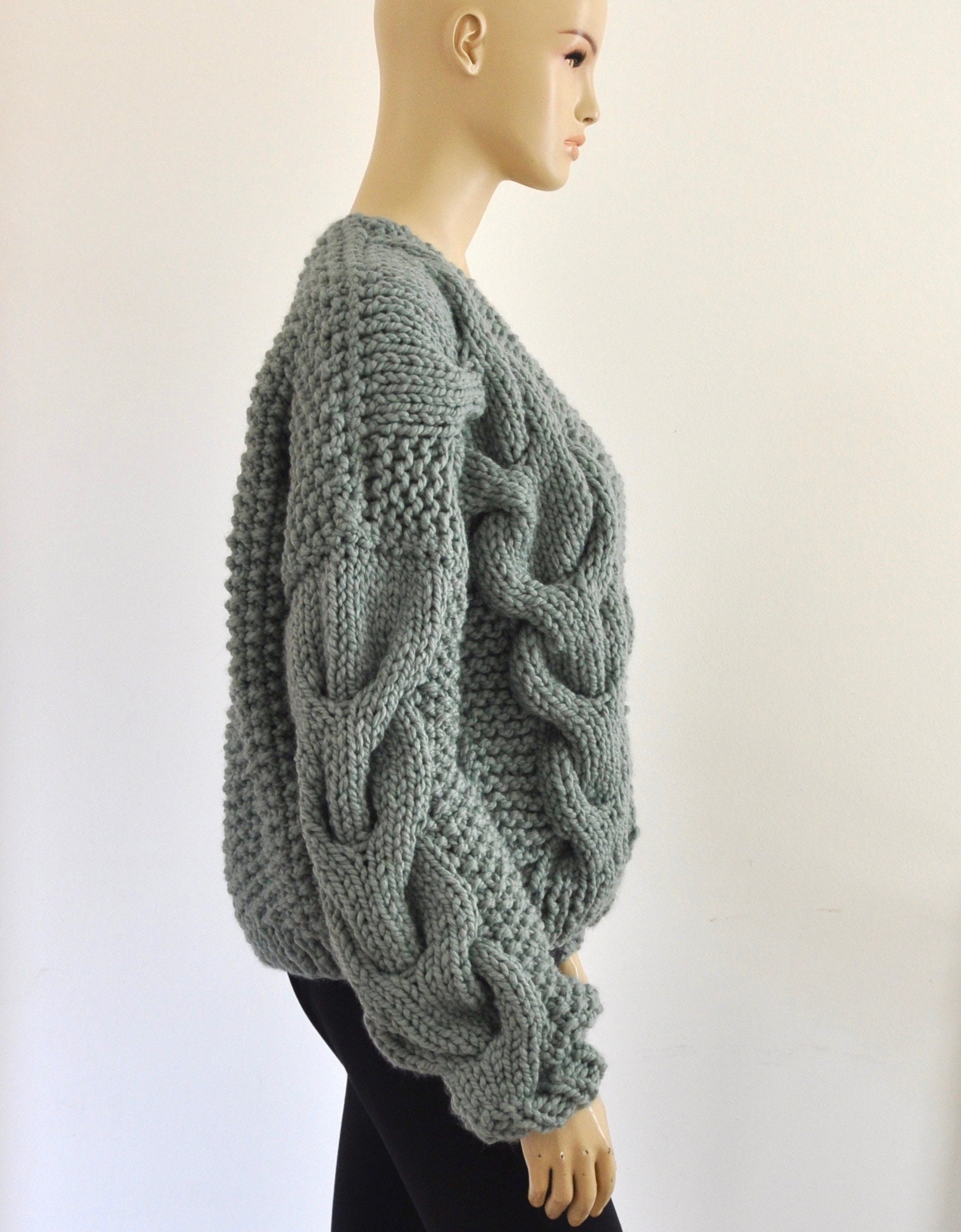 Chunky Knit Cardigan Jacket Hand Knit Women Coat Bomber Jacket Green ...