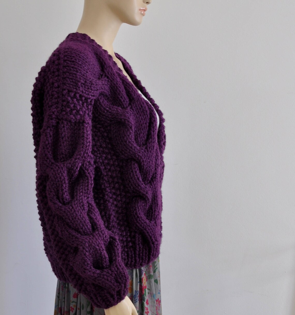 Purple Oversized Knit Cardigan, Women Chunky Cardigan, Wool Sweater ...