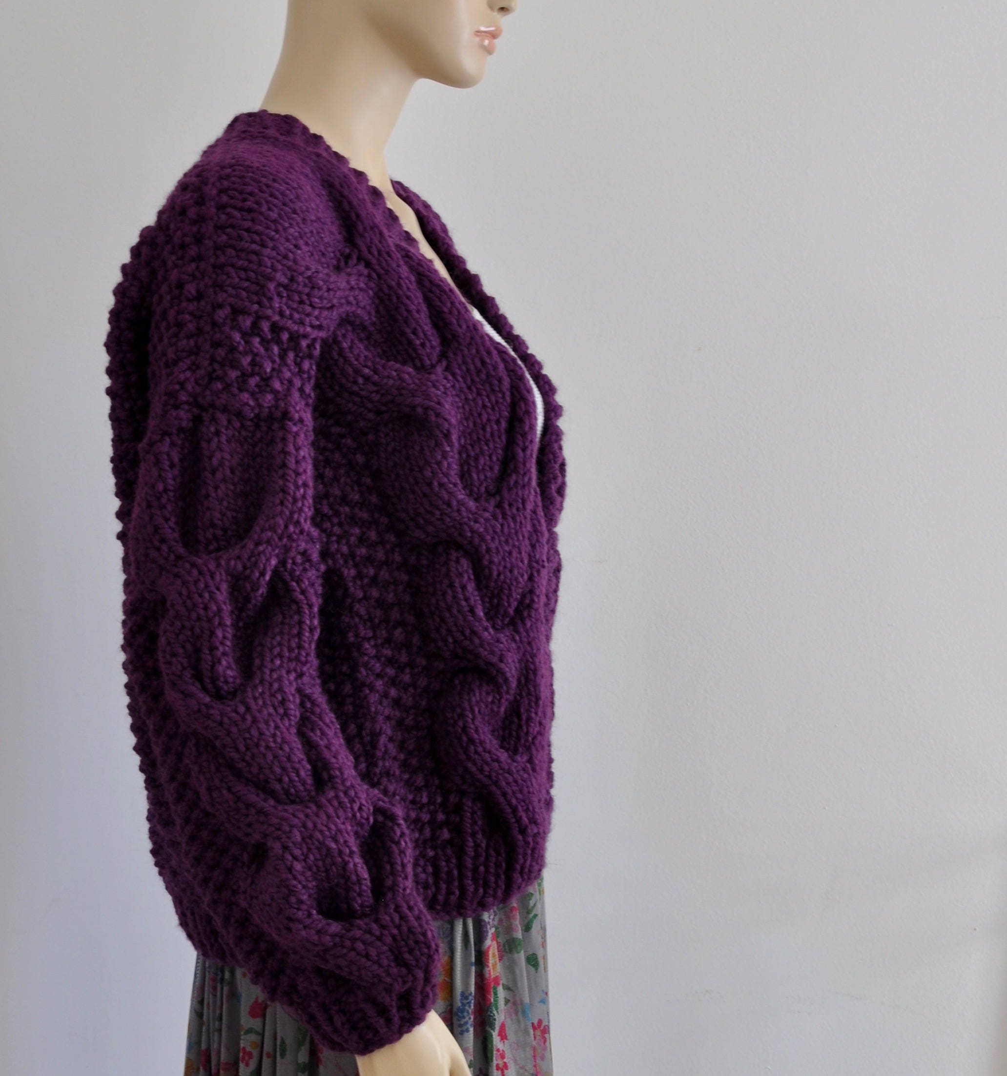 Purple Oversized Knit Cardigan, Women Chunky Cardigan, Wool Sweater ...