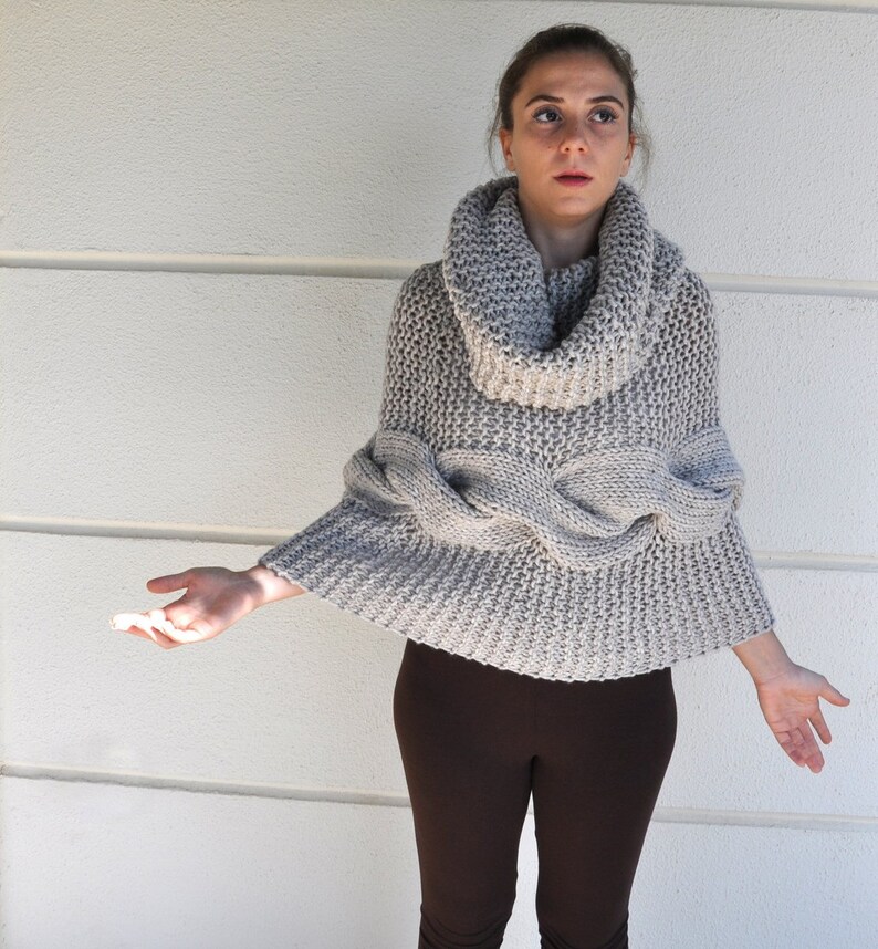 Poncho Cape Sweater Cardigan Chunky Wrap Sweater Hand Knit Beige Sand ...