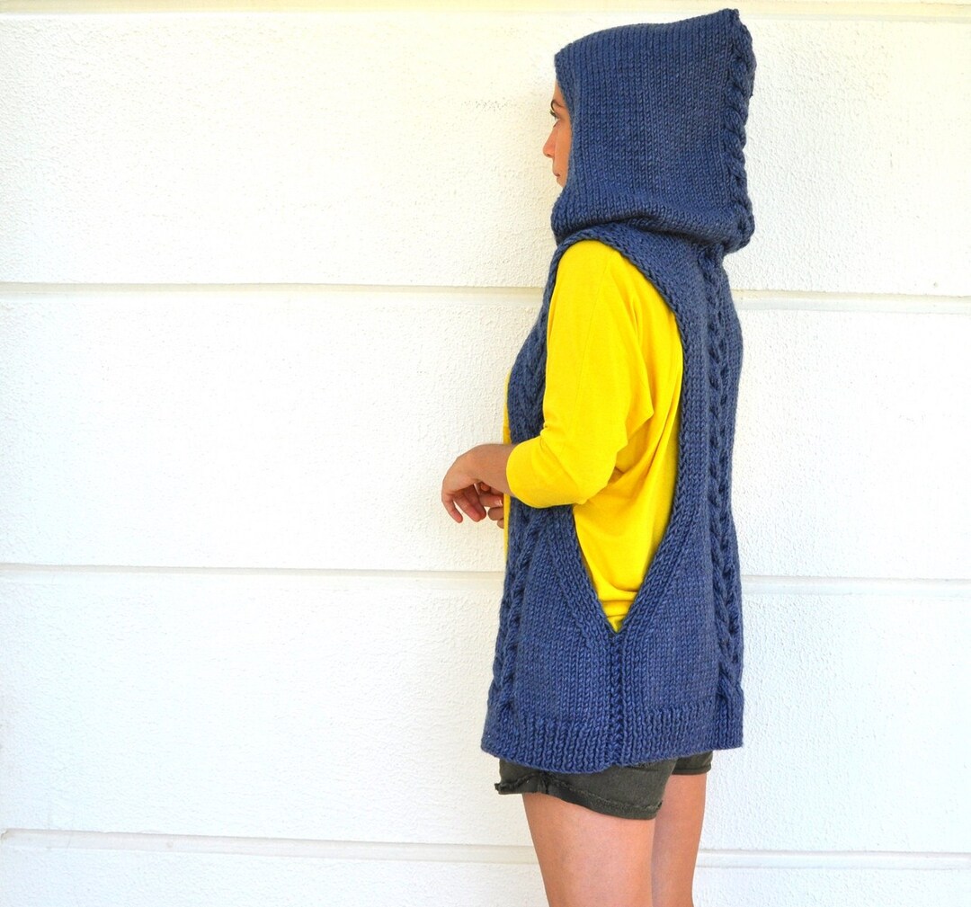 Hooded Sweater Cardigan Women Hooded Vest Blue Denim Blue Sapphire Hand ...