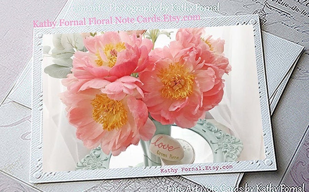 Pink Peach Peony Flowers, Peony Flowers Note Cards, Shabby Chic Decor ...