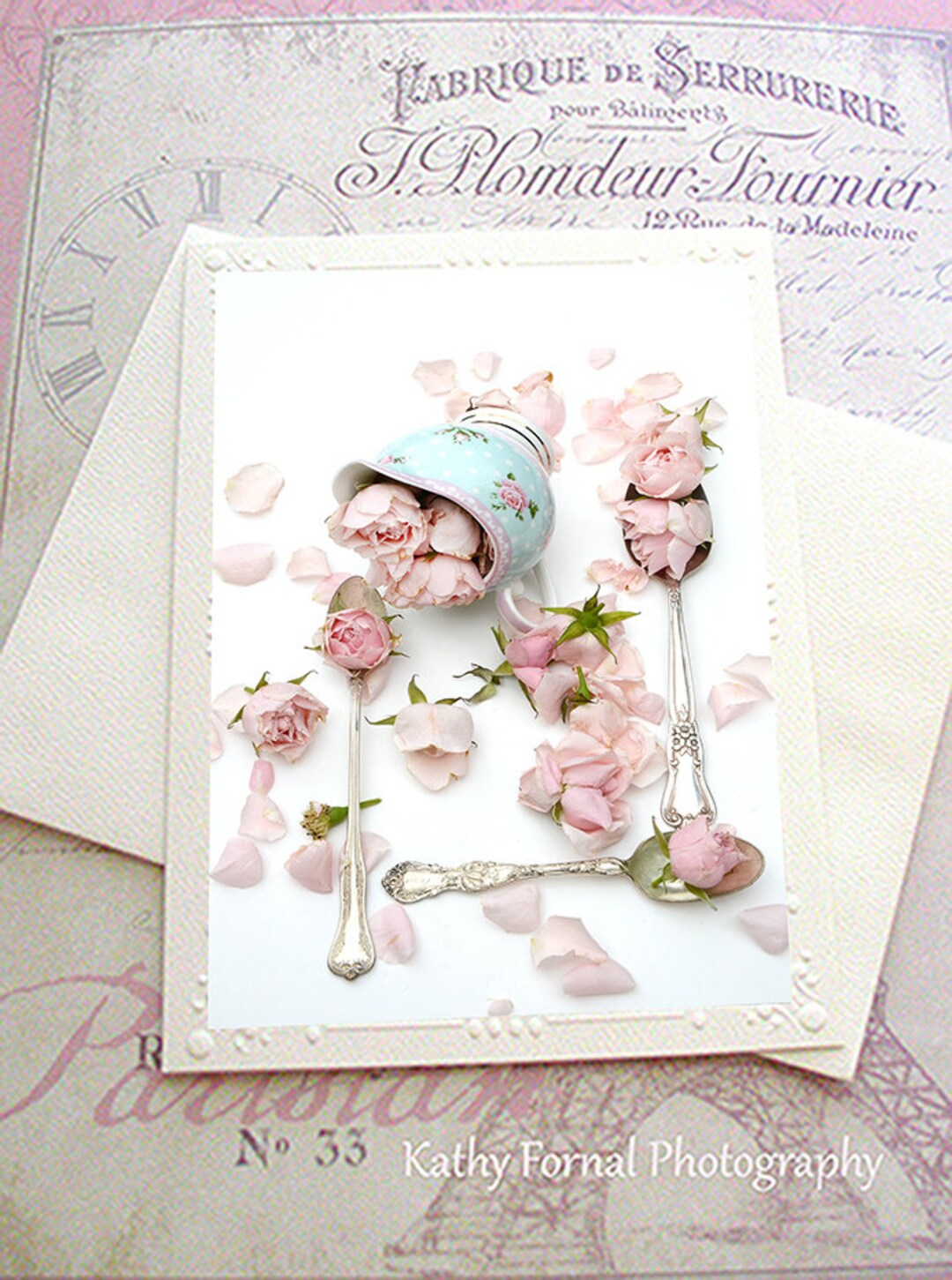 Roses Floral Note Cards, Shabby Chic Decor, Roses & Spoons Note Card ...