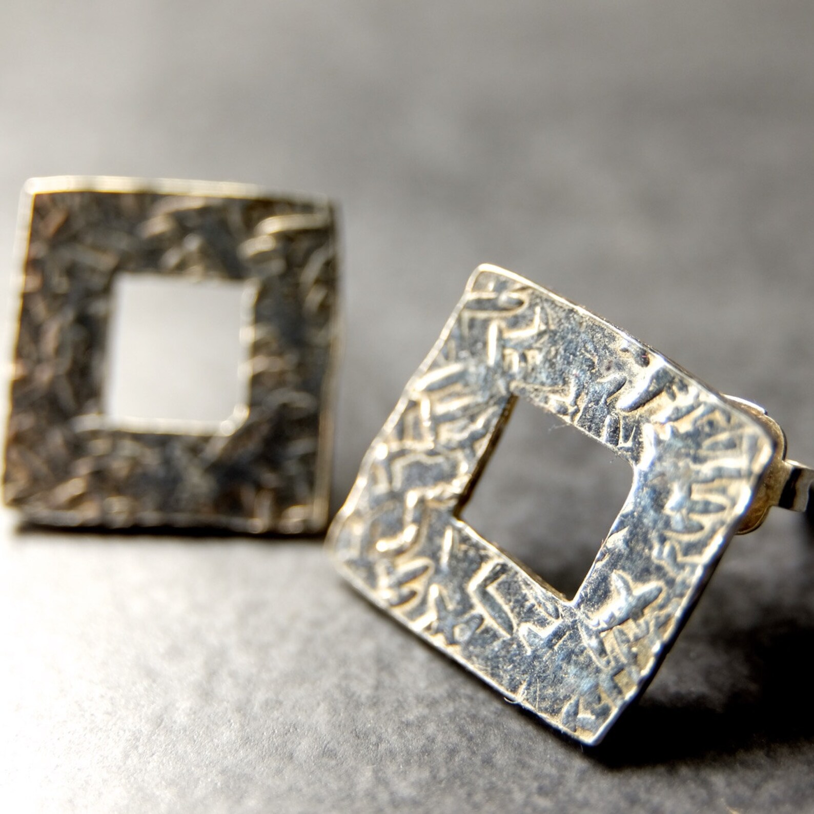 Textured Square Studs Hollow Sterling Silver Hammered | Etsy