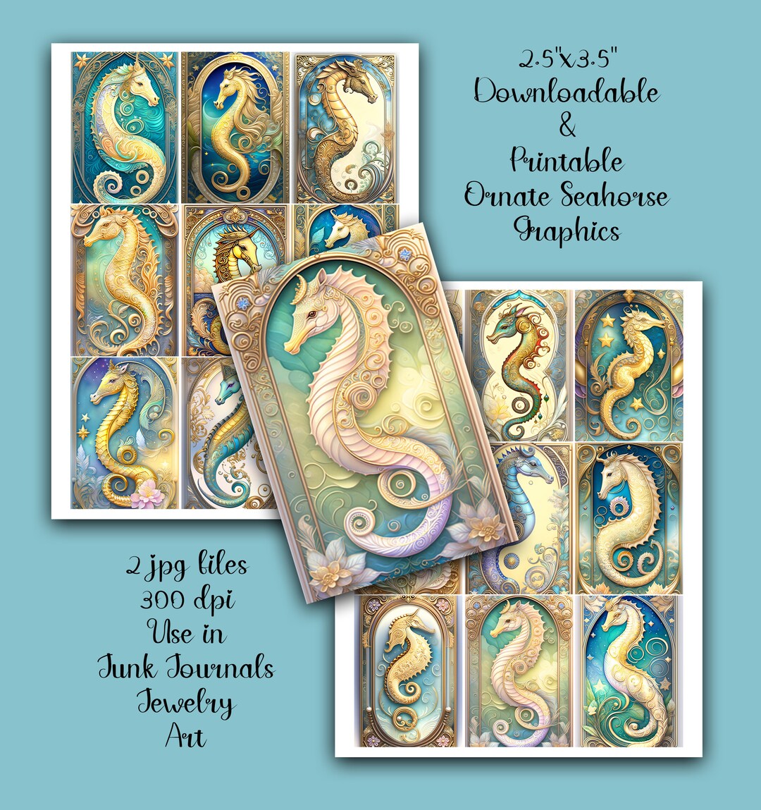 Ornate Seahorses Sea Horses ATC Backgrounds for Collage Tags Jewelry 2 ...