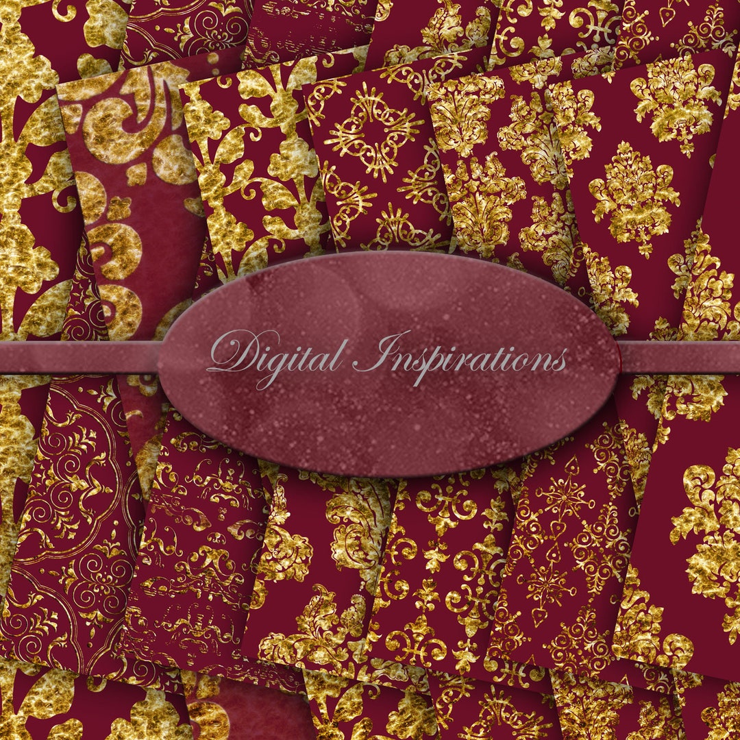 Gold Damask Digital Paper: Burgundy Scrapbook Backgrounds (digital ...