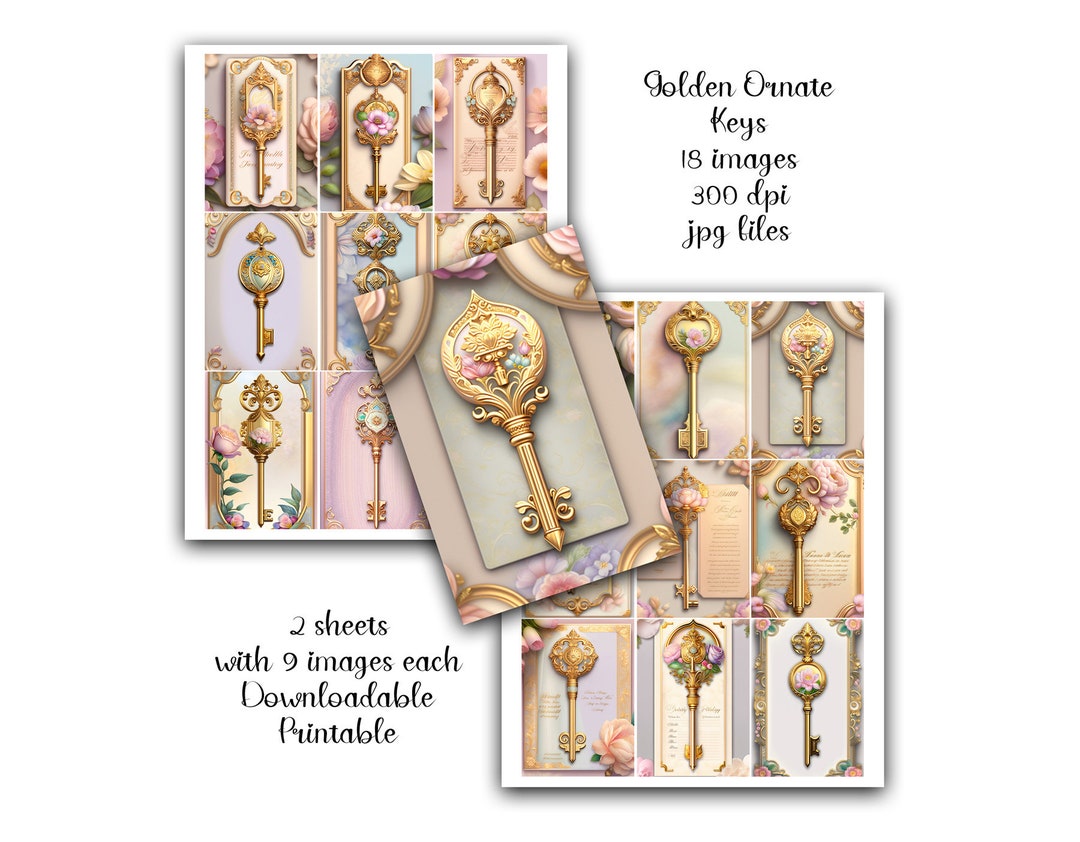 Ornate Stylized Golden Keys ATC Backgrounds for Collage Tags Jewelry 2 ...