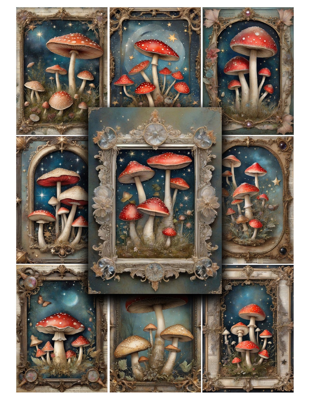 Toadstools, Mushrooms, Fantasy, 2.5"x3.5", ATC, Collage Sheets, Digital ...