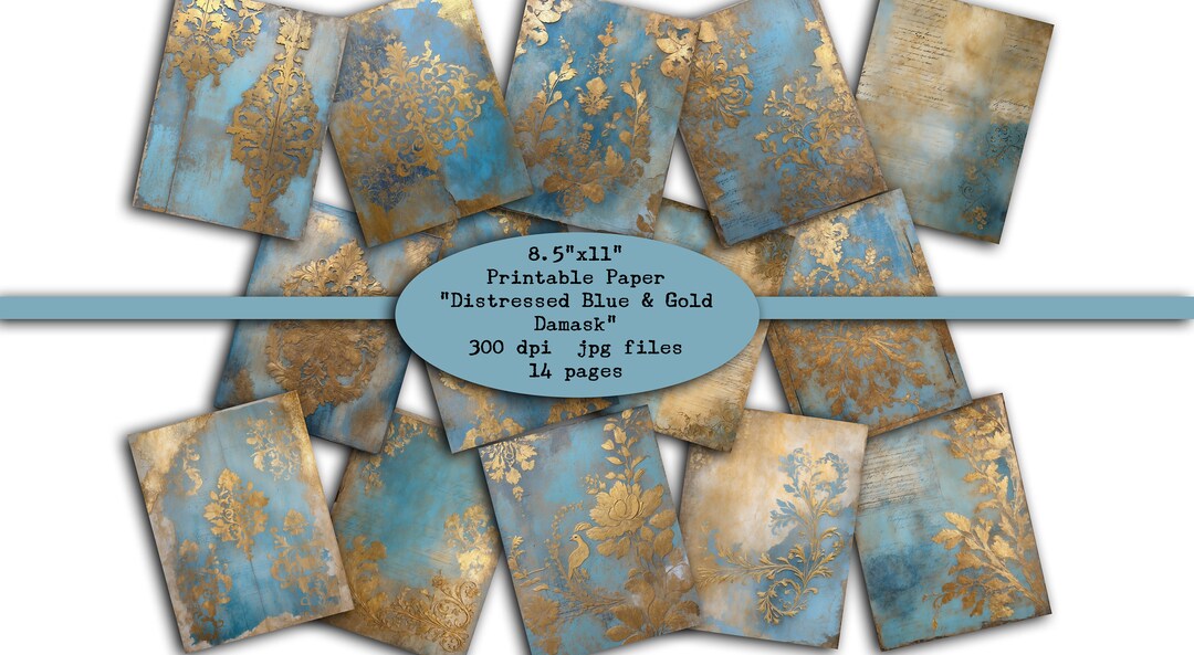 Printable Paper, Paper Pack, 8.5x11, Blue and Gold, Damask, Distressed ...