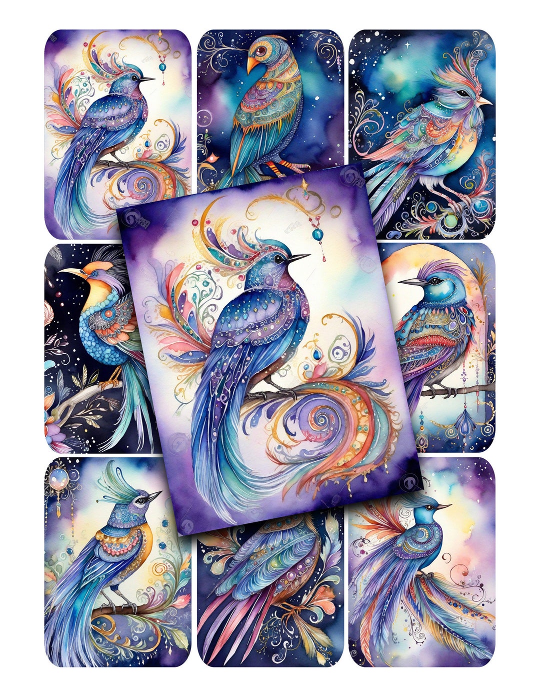 Watercolor Bird Clip Art: Fancy Birds ATC Backgrounds (digital Download ...