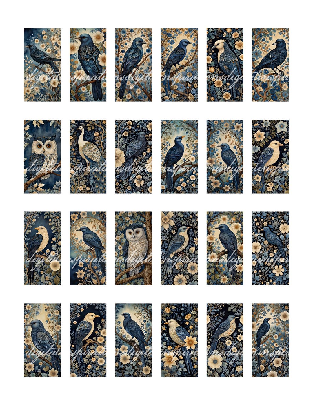Midnight Birds Printable Collage Sheet, 1x2 Inch Mini Art Cards, Blue ...