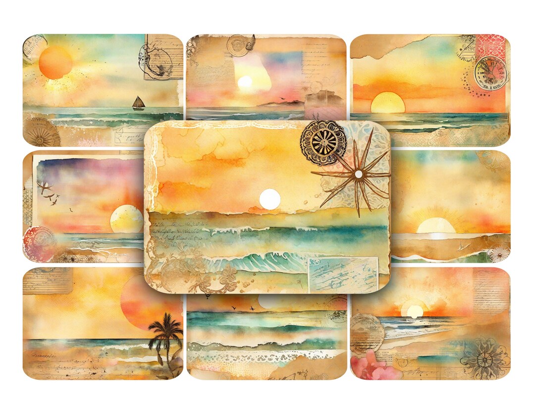 Watercolor Beach Sunset Collage Sheet: Junk Journal Embellishments ...