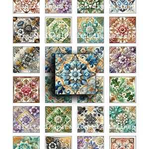 Squares, Tiles, Flowers, Floral Tiles, Collage Sheet, Digital Sheet ...