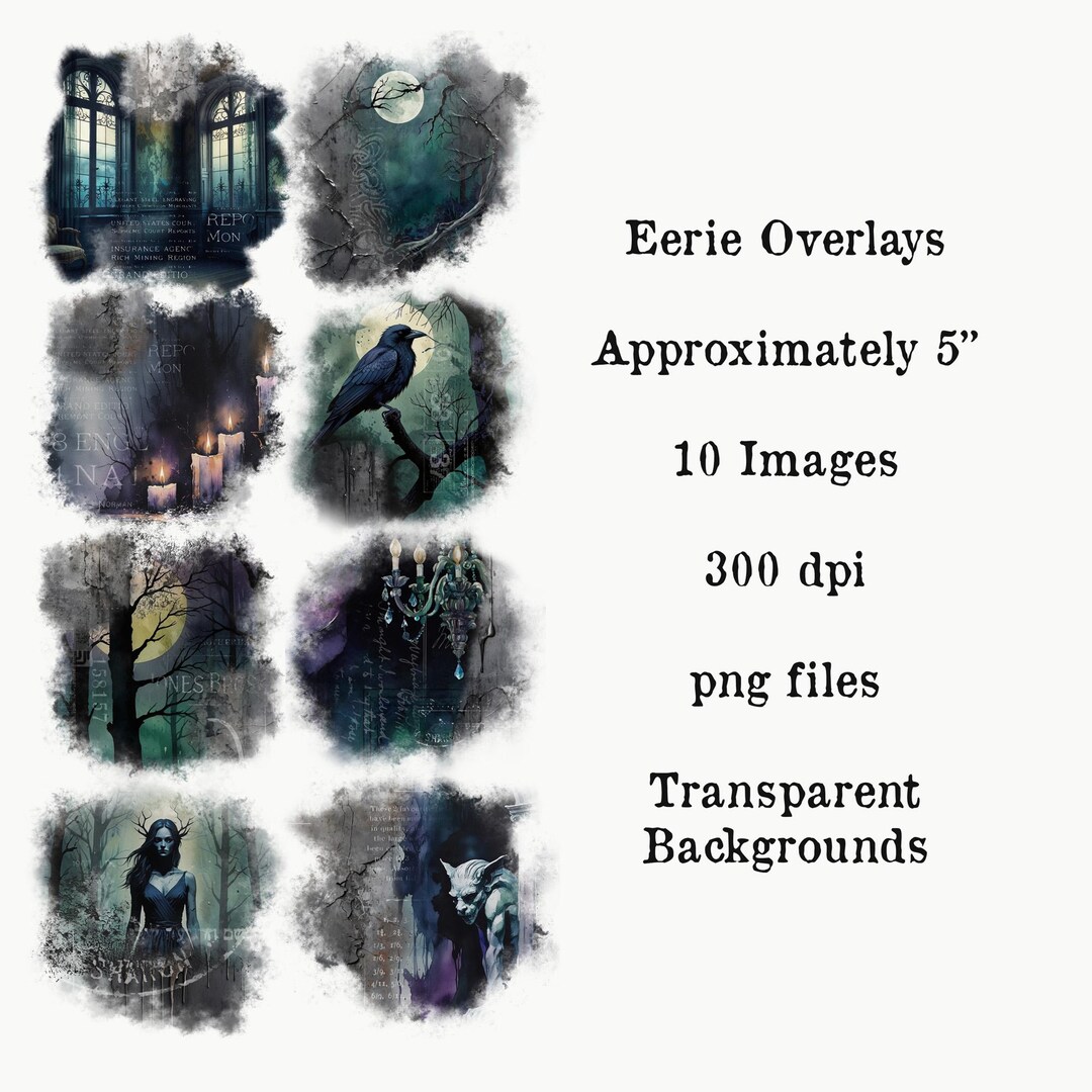 Creepy Halloween Overlays: Gothic Gargoyles, Nightscapes (PNG Digital ...