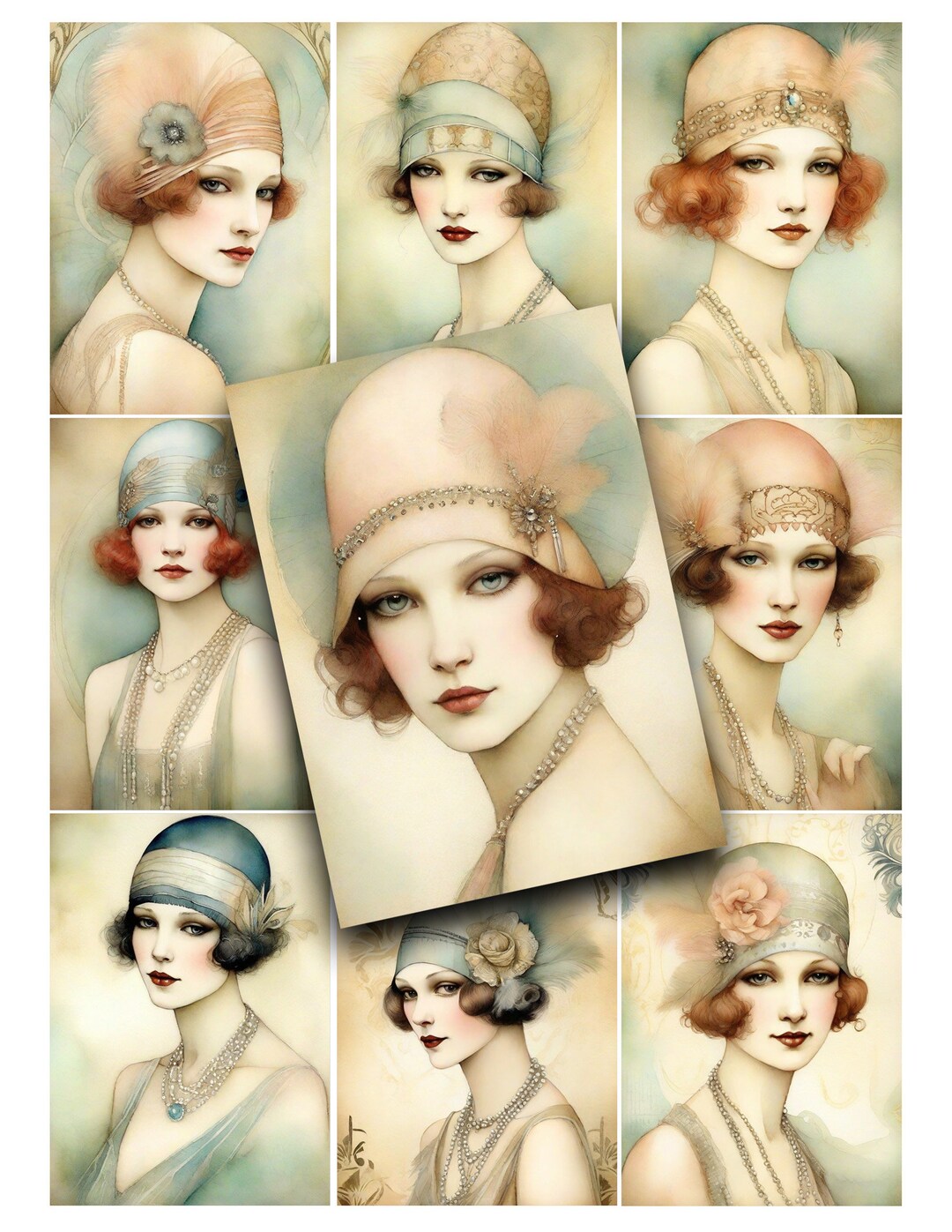 Collage Sheet, Digital, FLAPPER LADIES, Hats, Fashion, Embellishments, Tags, Junk Journals ...