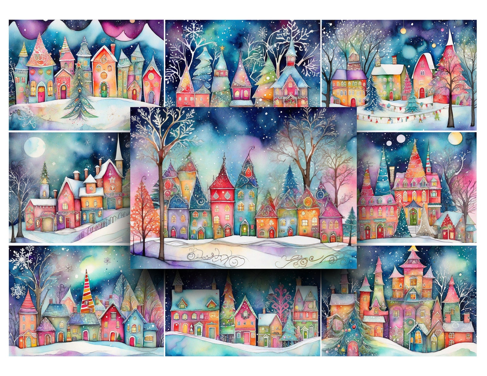 Watercolor Snowy Village Collage Sheet: Winter Ephemera (digital ...