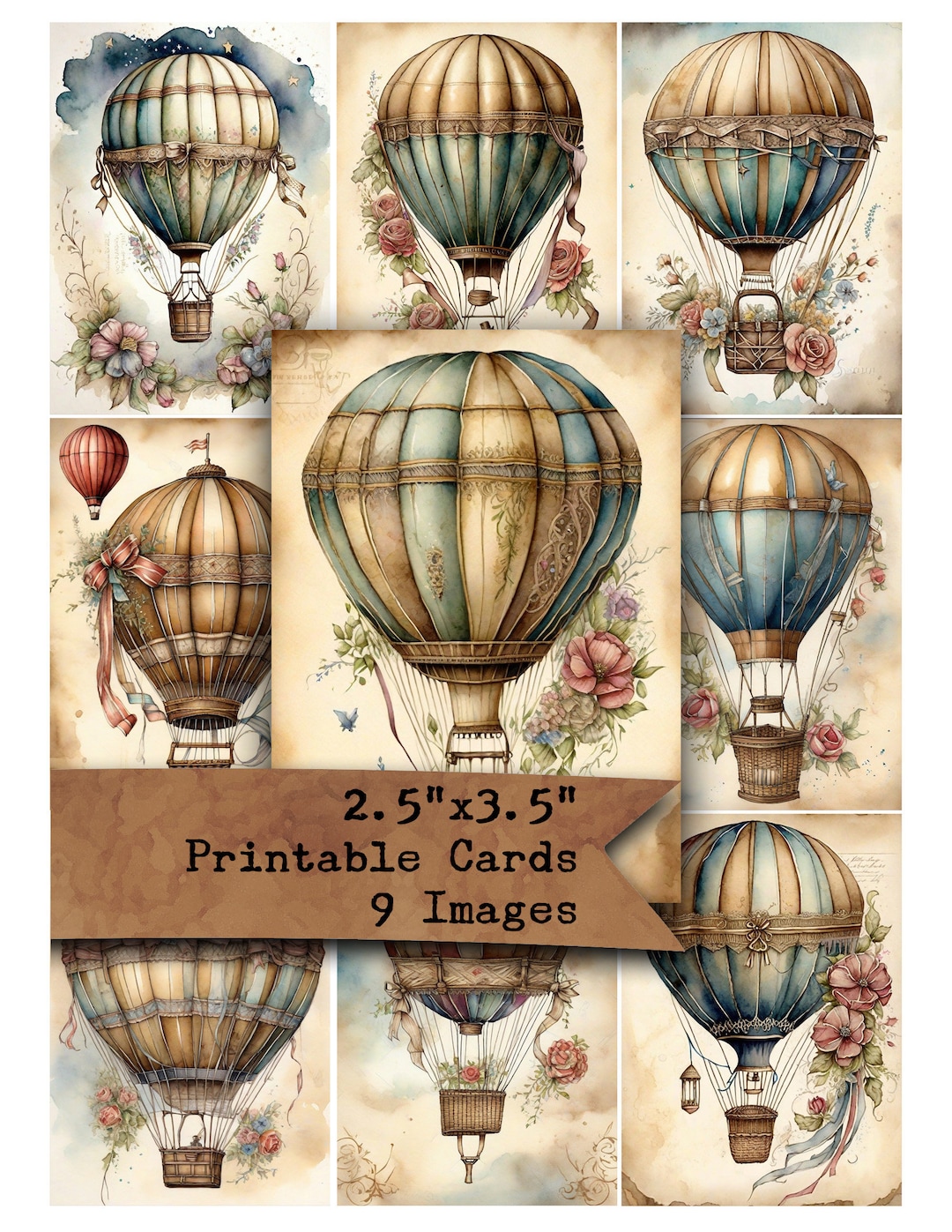 Watercolor Hot Air Balloon Cards: Shabby ATC Ephemera (digital Paper ...