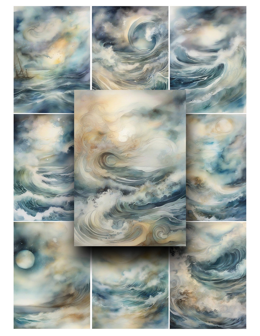 Stormy Sea Watercolor Clipart: Printable Backgrounds (digital Paper ...