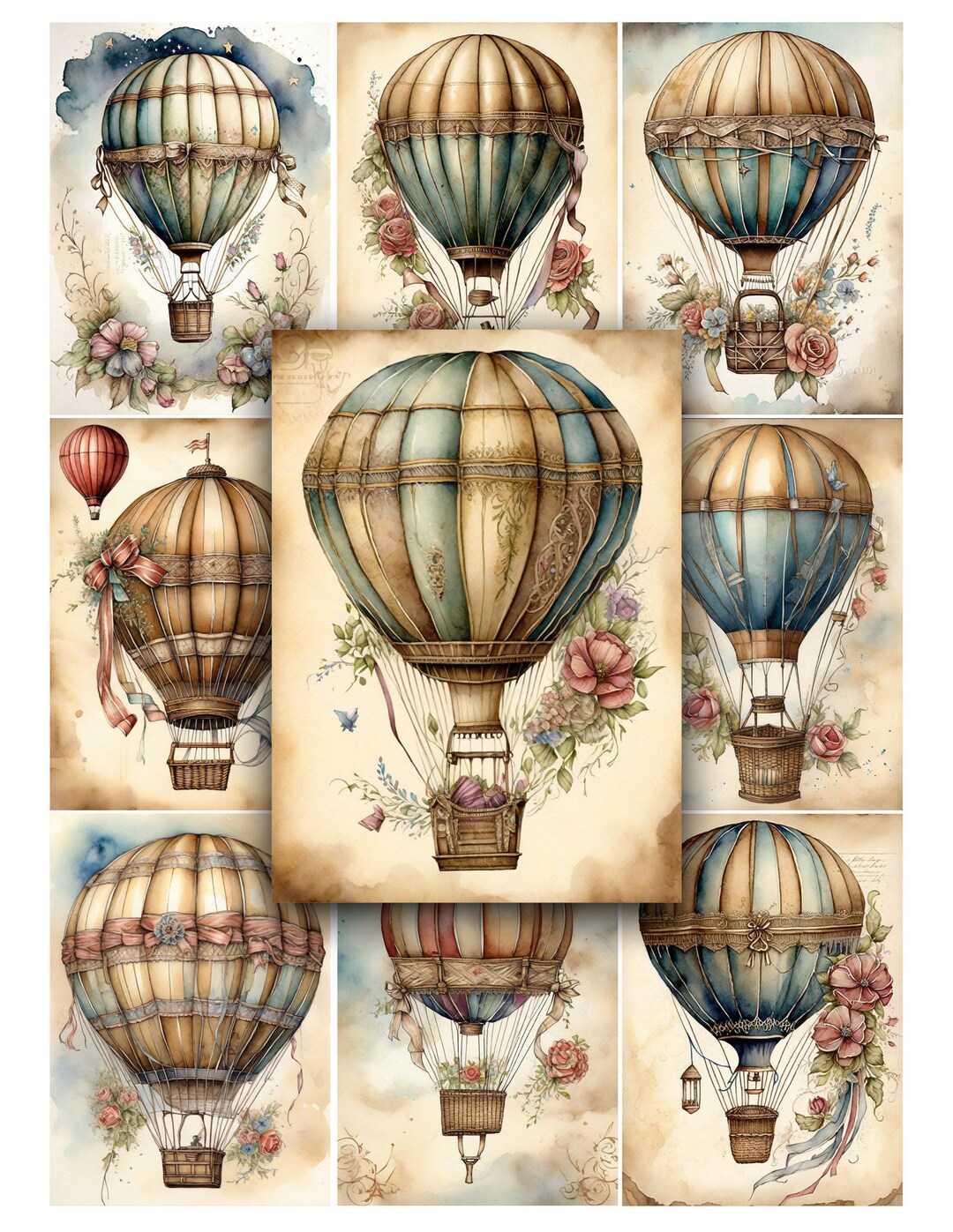 Hot Air Balloons, Whimsical, Watercolor, Printable Paper, ATC ...