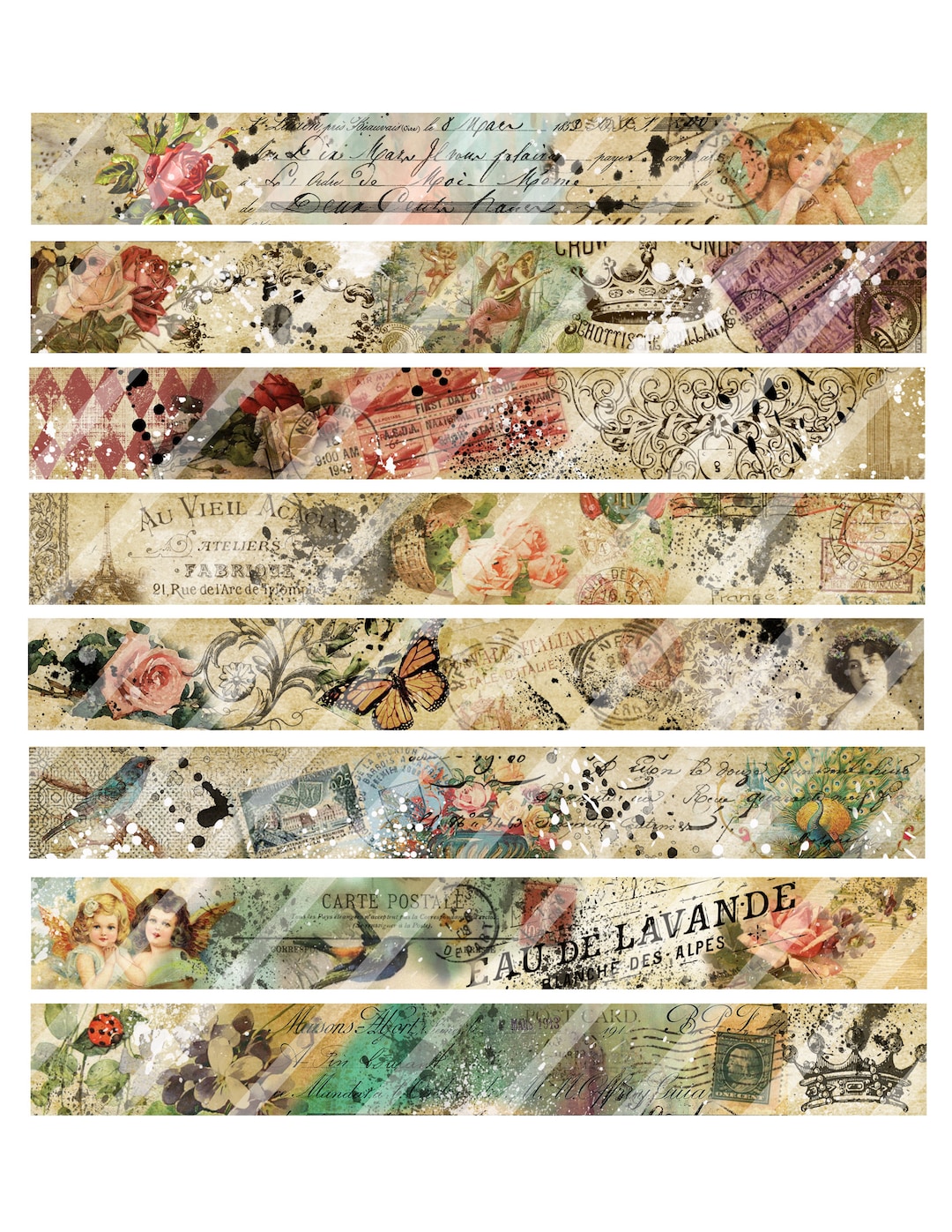 Vintage Floral Washi Tape Strips: Junk Journal Embellishments (digital ...
