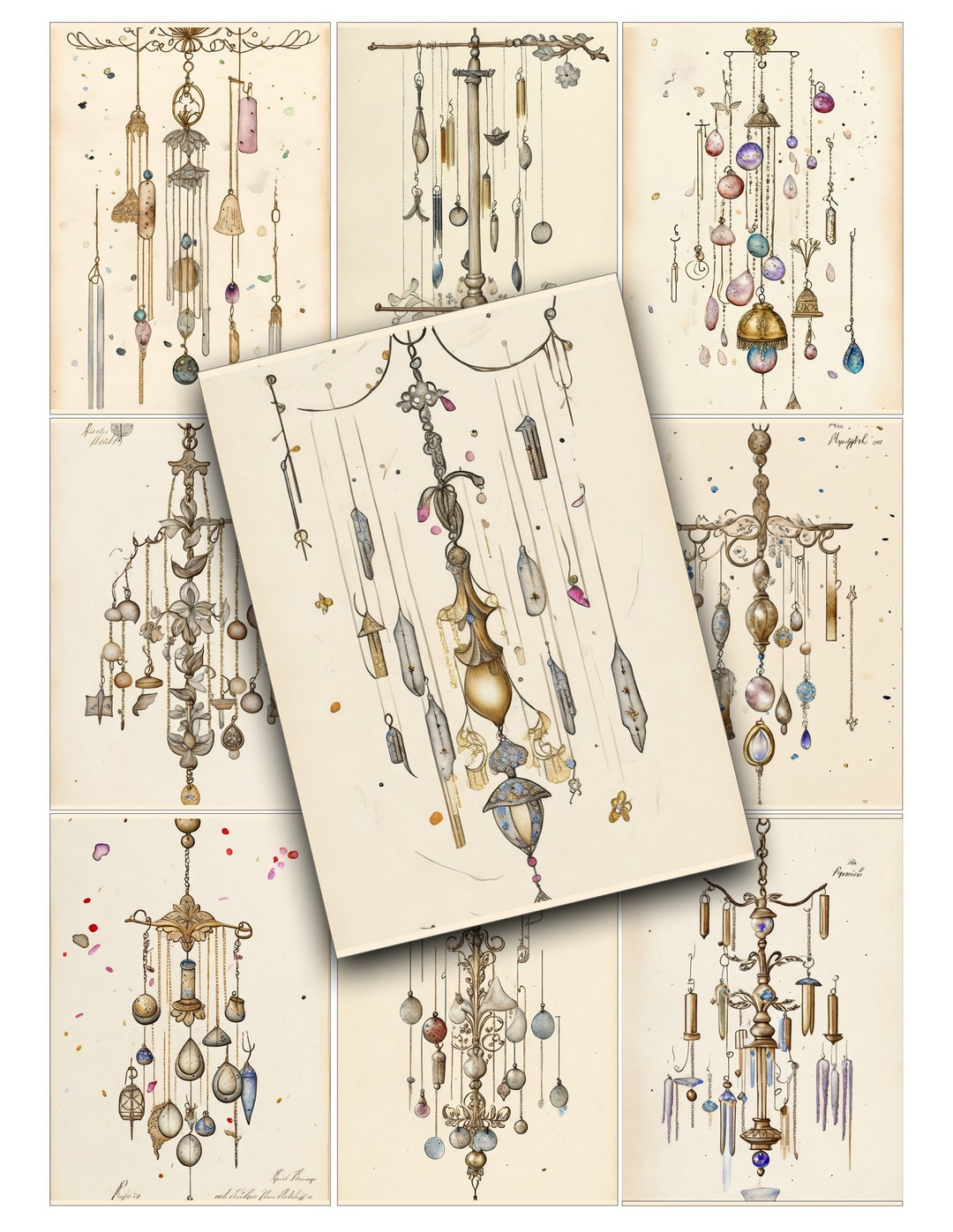 Hand Drawn Windchimes ATC Backgrounds for Collage Tags Junk Journals 2 ...