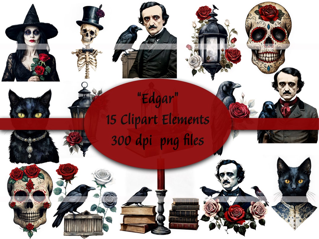 Clipart, EDGAR, Poe, Ravens, Poe Clipart, Raven Clipart, Watercolor Png ...