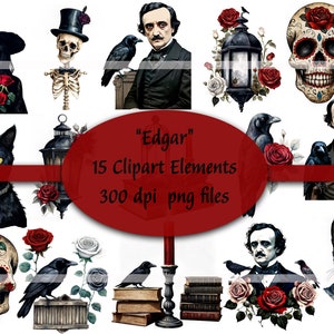 Clipart, EDGAR, Poe, Ravens, Poe Clipart, Raven Clipart, Watercolor Png ...